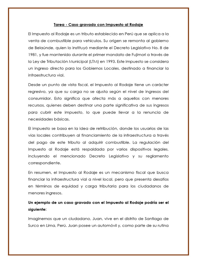 Tarea - Caso gravado con Impuesto al Rodaje | PDF | Impuestos Tarea - Caso gravado con Impuesto al Rodaje | PDF | Impuestos