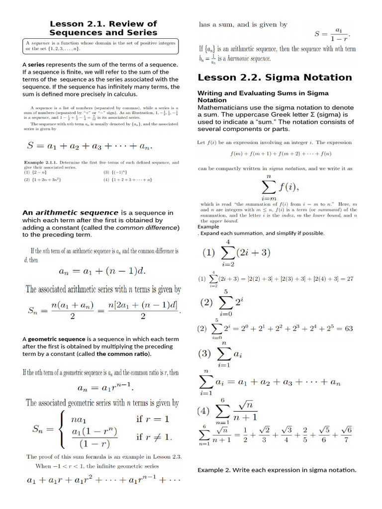 Lesson 7 Review of Sequences and Series,Sigma Notation,Properties of ...