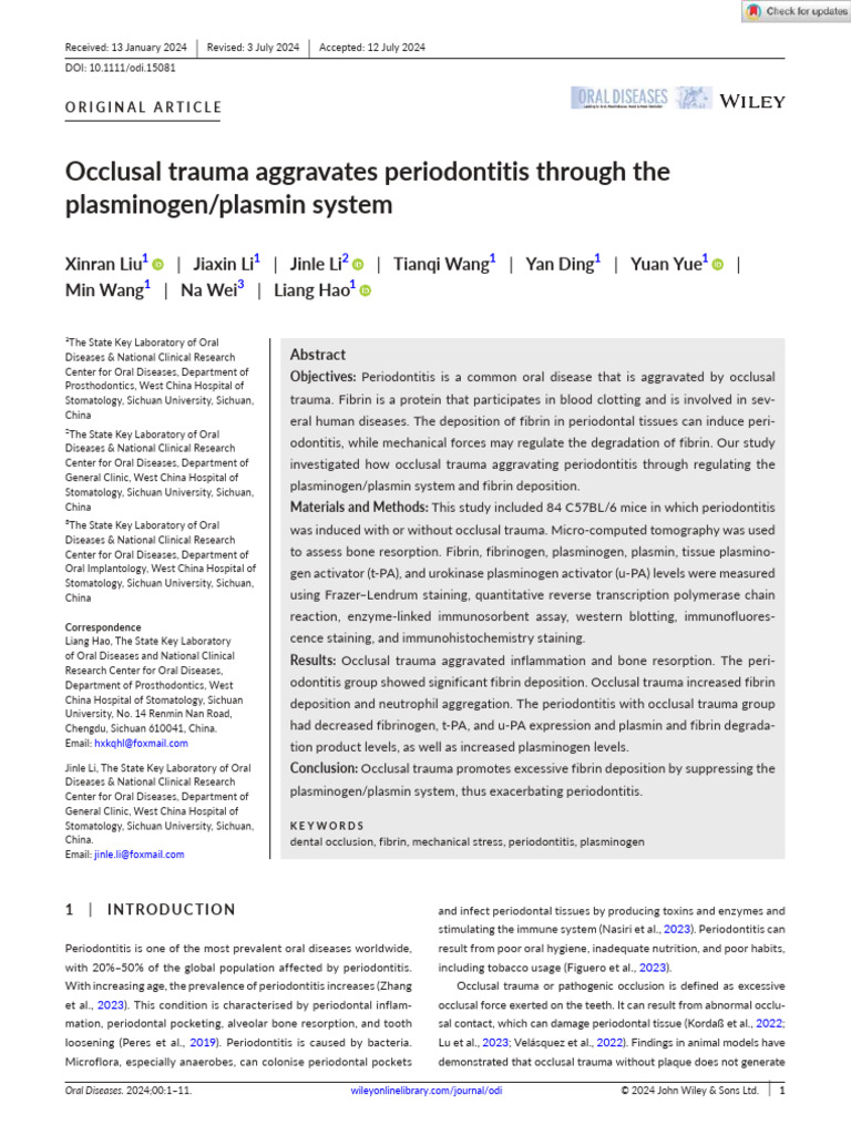 Occlusal trauma aggravates periodontitis through the plasminogen ...