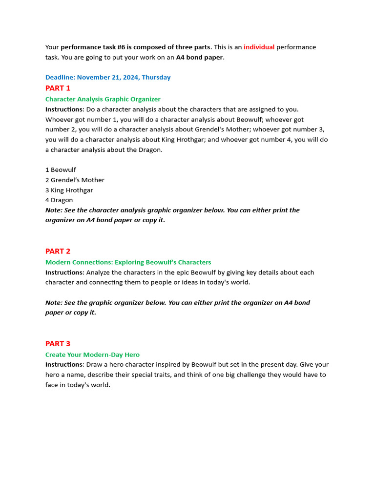 Beowulf Character Analysis Task | PDF