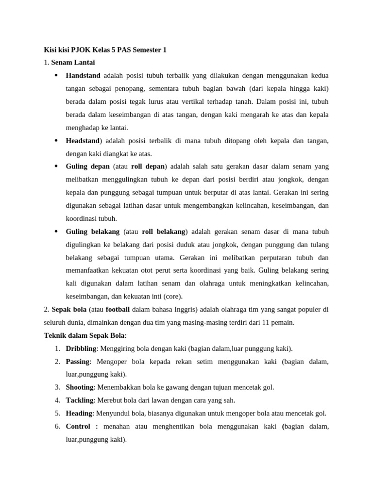 Kisi-kisi PJOK Kelas 5: Senam & Olahraga | PDF