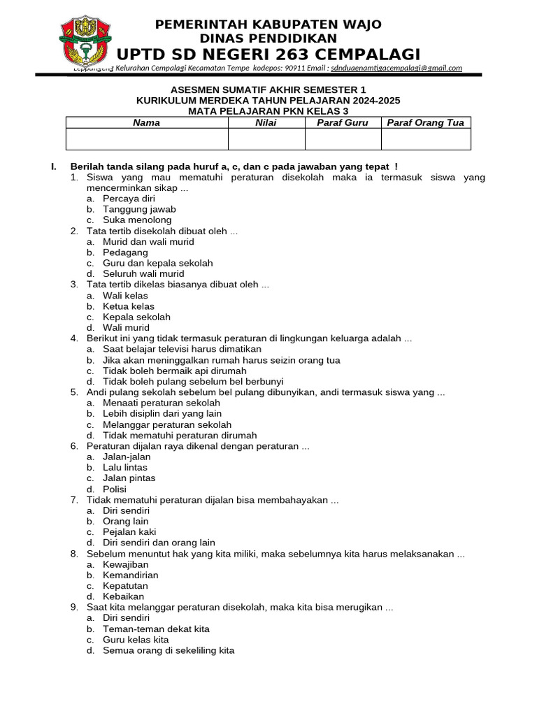Sas Ganjil PKN Kelas 3 TP 2024-2025 | PDF