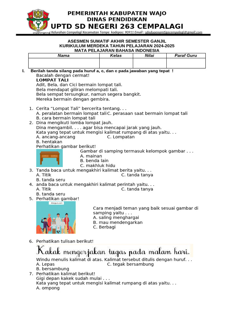 Sas Ganjil Bindo Kelas 3 TP 2024-2025 | PDF