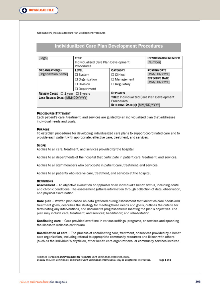 CONTOH TEMPLATE PROCEDURES (Individualized Care Plan Development ...