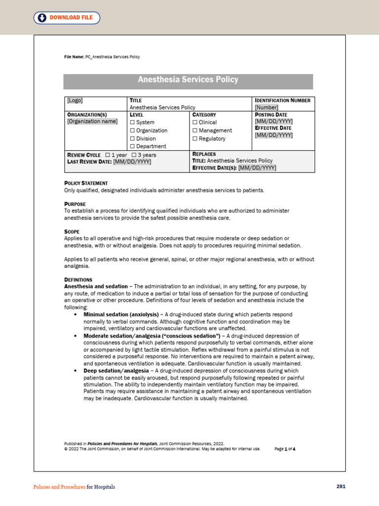 Anesthesia Services Policy Overview | PDF | Anesthesia | Joint Commission