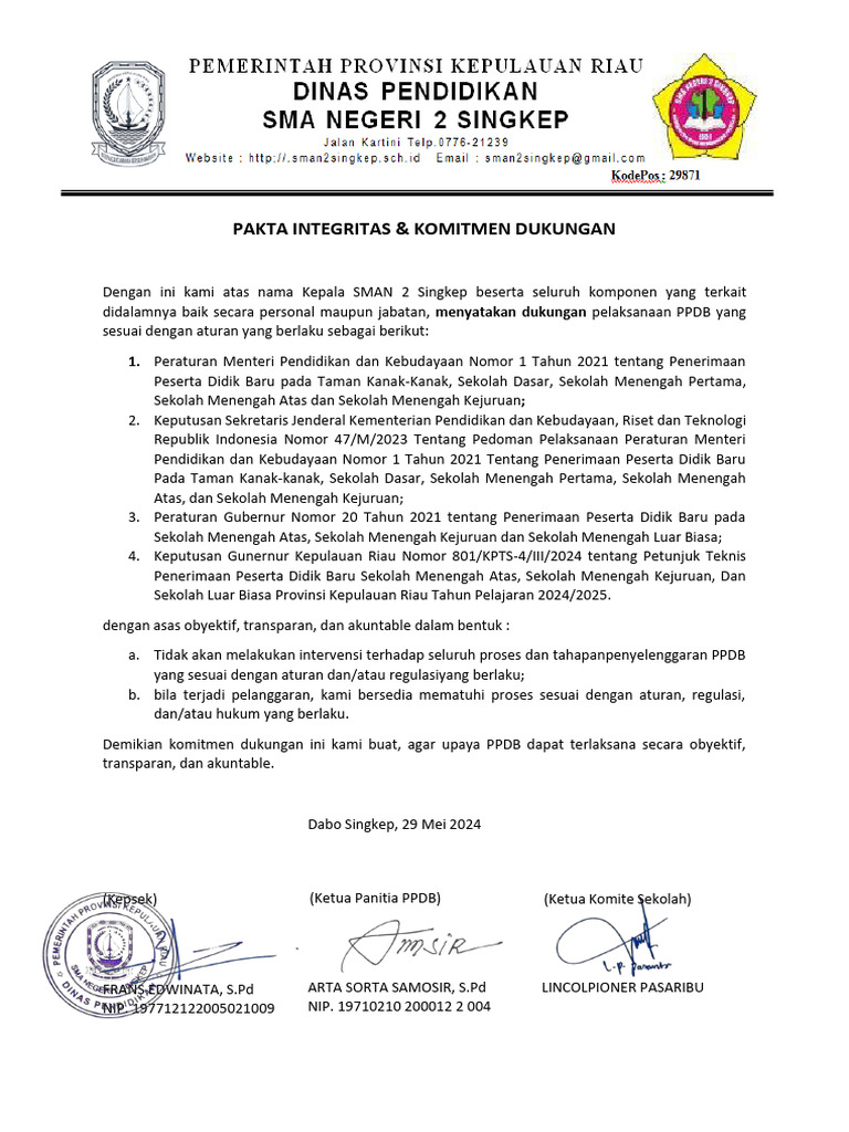 PAKTA INTEGRITAS PPDB Sekolah 2024 (1) | PDF