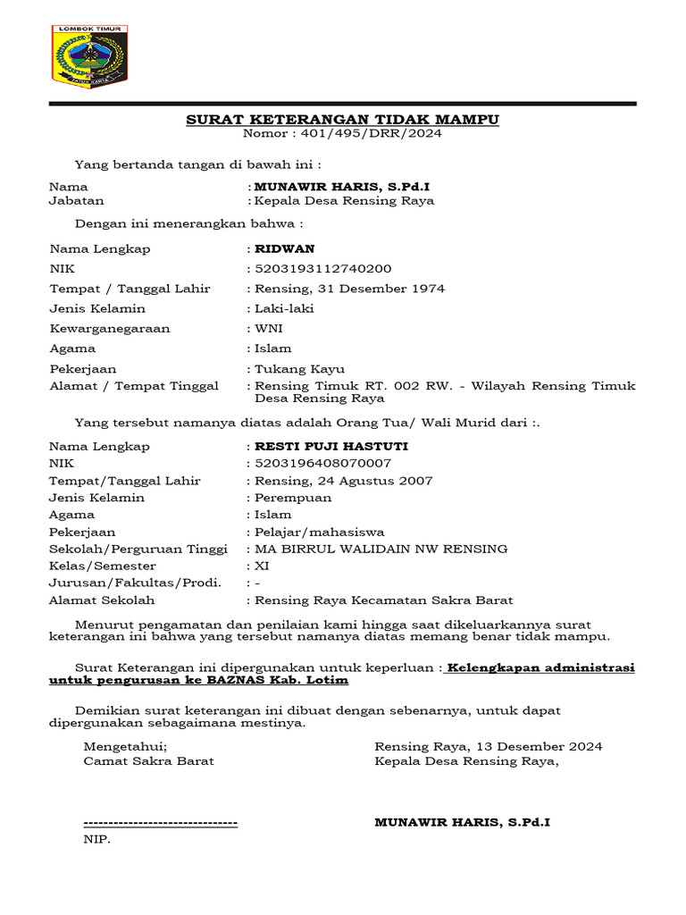 Surat Keterangan Tidak Mampu - 5203193112740200 - 2024 12 13 - 495 | PDF