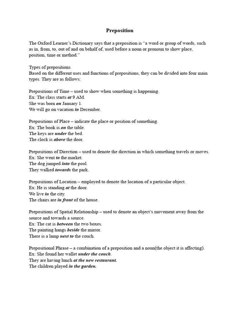 Preposition Notes and Questions | PDF | Preposition And Postposition | Noun