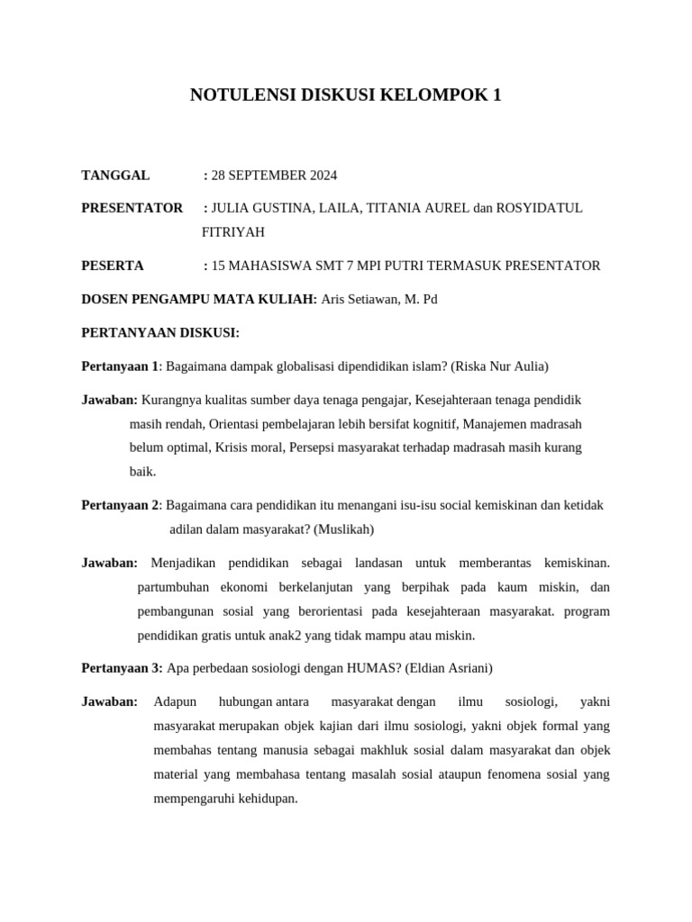 Notulensi Diskusi Kelompok 1 | PDF