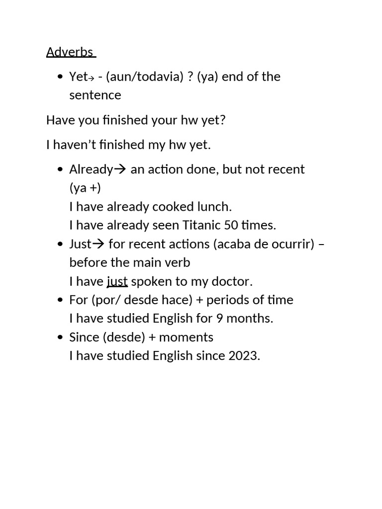 Adverbs Present Perfect Adults | PDF