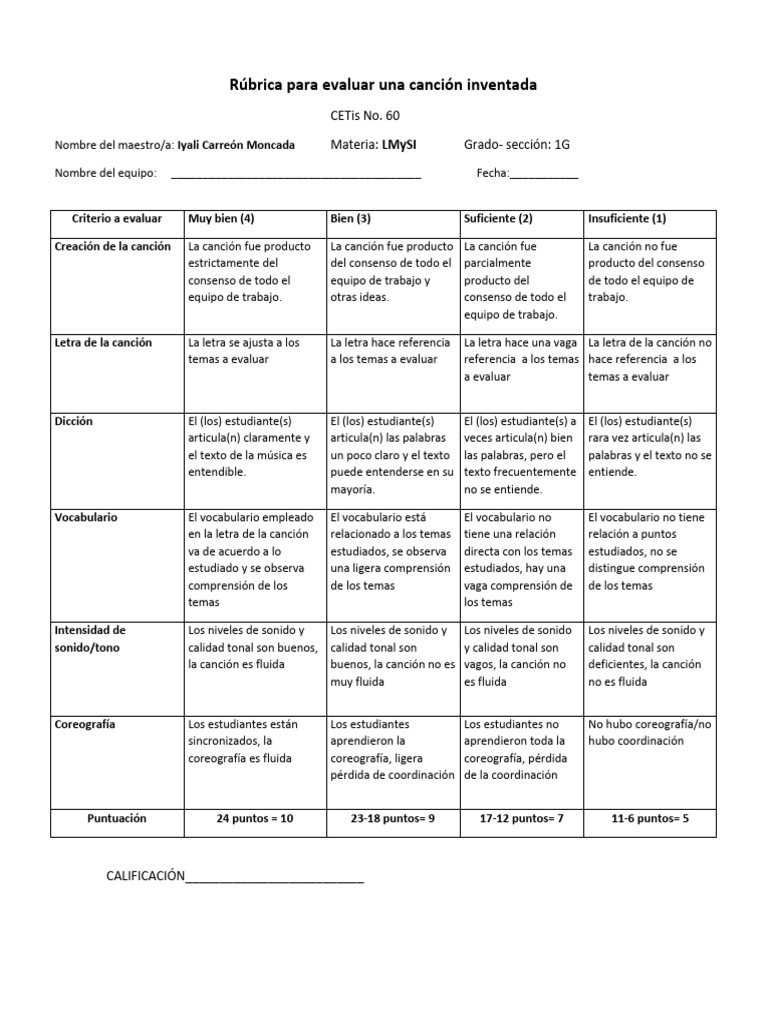 Rúbrica Canción Inventada | PDF