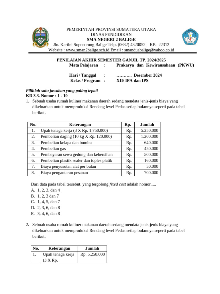 Soal Utama Pas Pkwu Kelas Xii Sem Ganjil 2024 | PDF