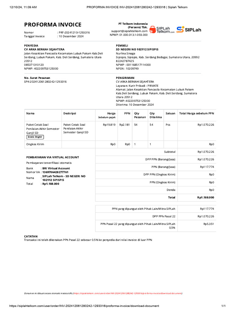 Proforma Invoice Inv-202412061280242-1293316 - Siplah Telkom | PDF