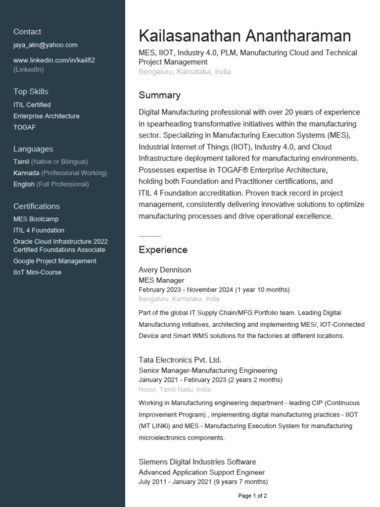 Kailasanathan Anantharaman Profile | PDF | Engineering | Computing