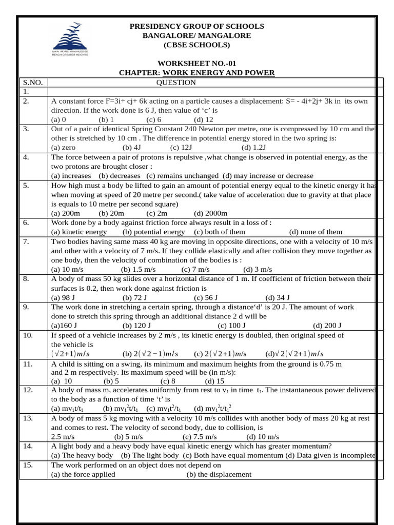 Work, Energy, and Power Worksheet | PDF | Force | Potential Energy