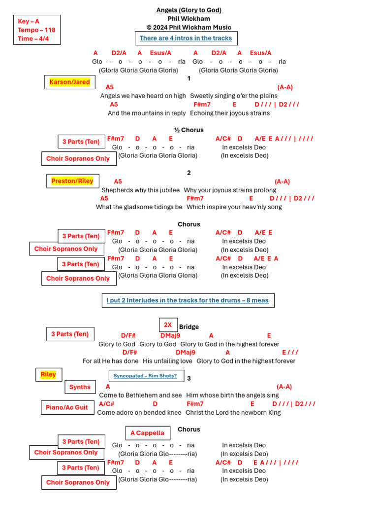 Chords - Angels (Glory To God) (A) WITH VOCAL ARRANGEMENT | PDF