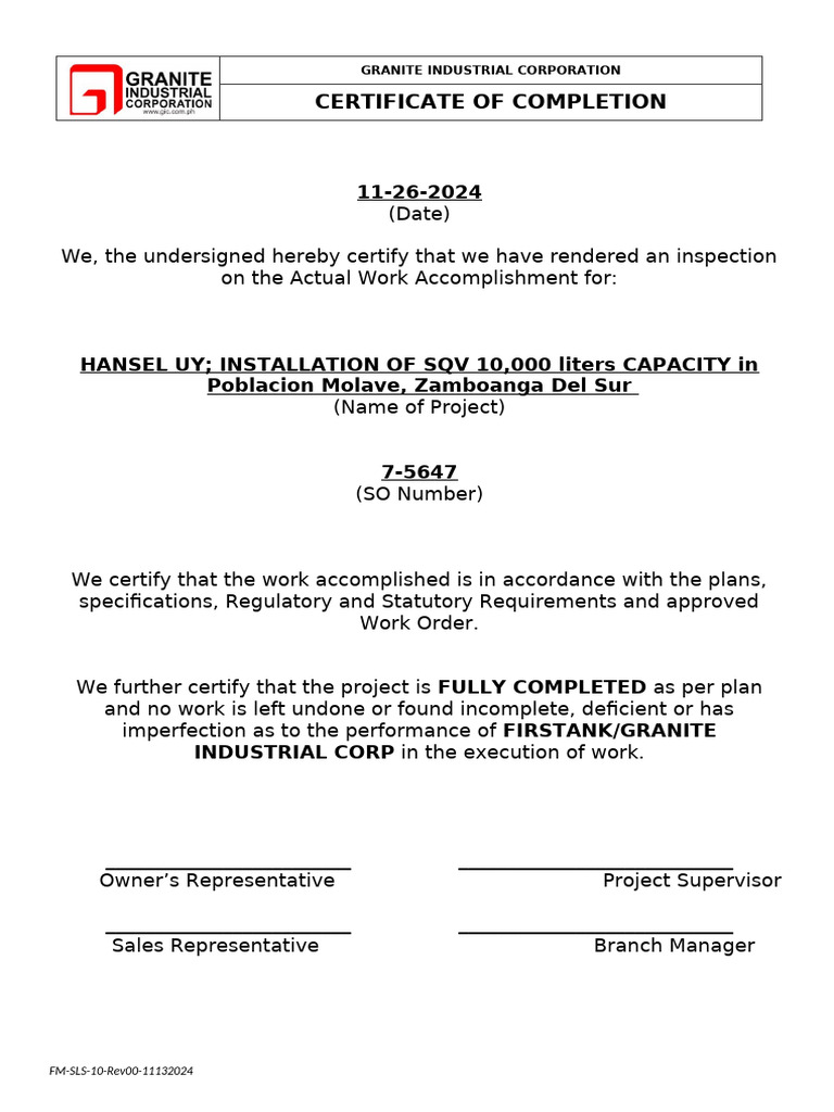 FM-SLS-10-REV00-11132024 - Certificate of Completion | PDF