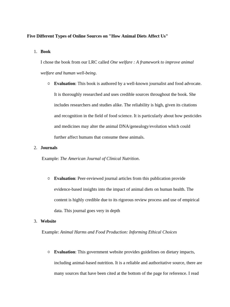 Five Different Types of Online Sources on _How Animal Diets Affect Us ...