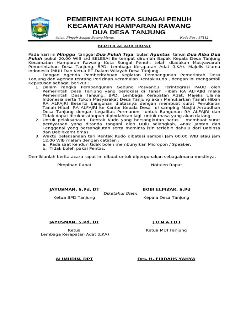 Berita Acara Rapat Pemdes | PDF