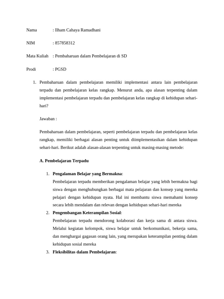 Pembaharuan Pembelajaran SD: Terpadu & Kelas Rangkap | PDF