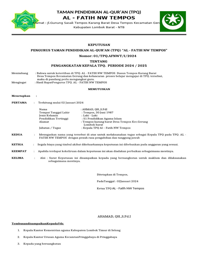 SK PENGANGKATAN KEPALA DAN GURU TPQ | PDF