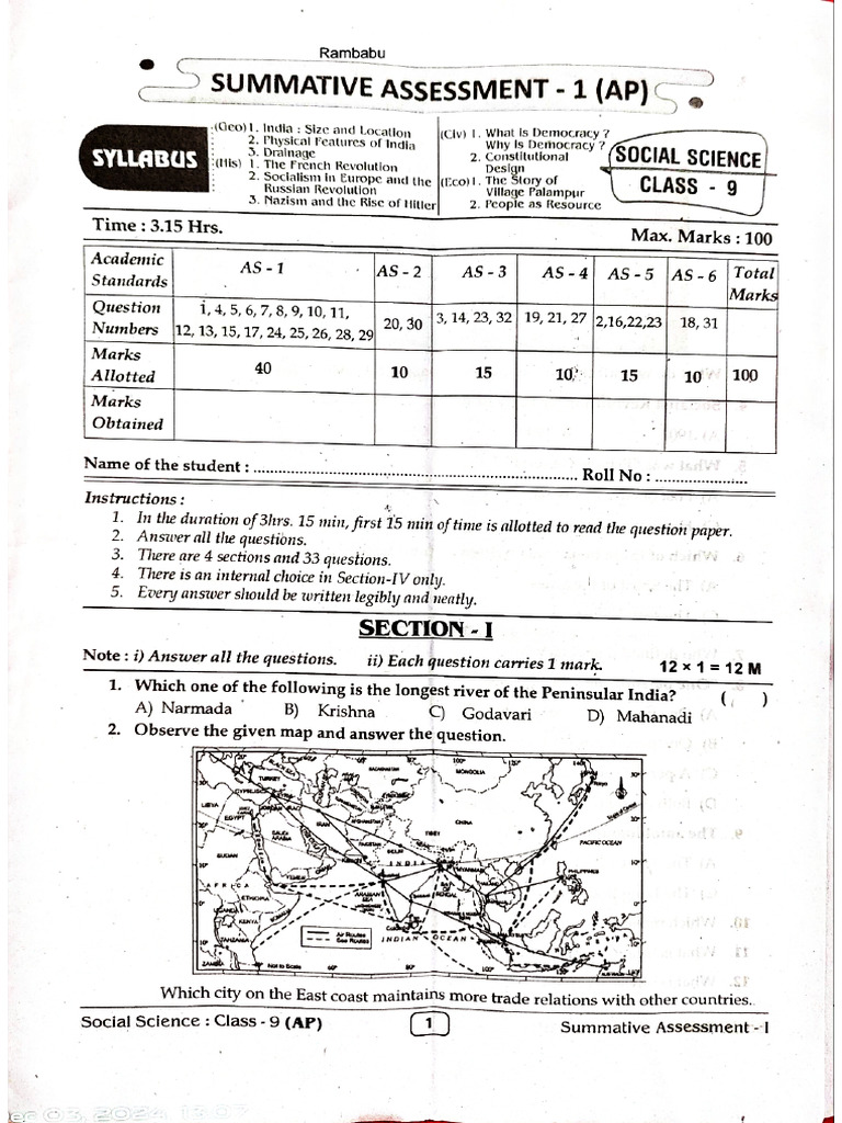 9th SA-1 Question Paper | PDF