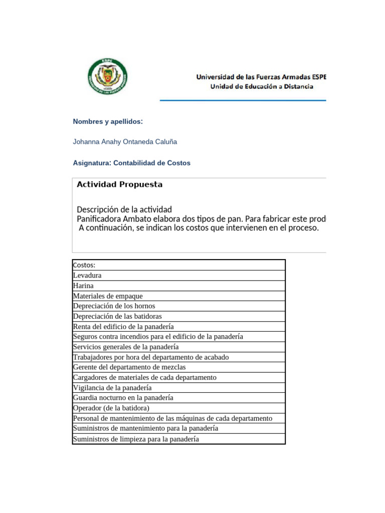 Ap 1 3-Ontaneda-Johanna-C Costos | PDF | Panes