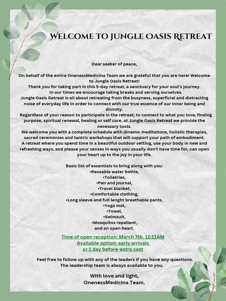 Welcoming Letter Jungle Oasis Retreat ? | PDF