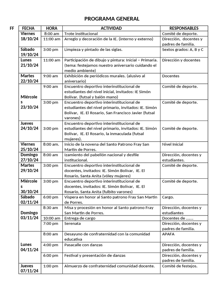 Programa General Aniversario | PDF | Fiestas cristianas y días santos