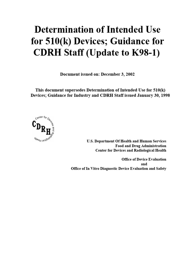 Determination of Intended Use For 510 (K) Devices Guidance For CDRH Staff (Update To K98 1) (PDF ...