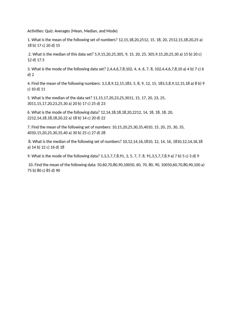 Averages Quiz & Answer Key | PDF