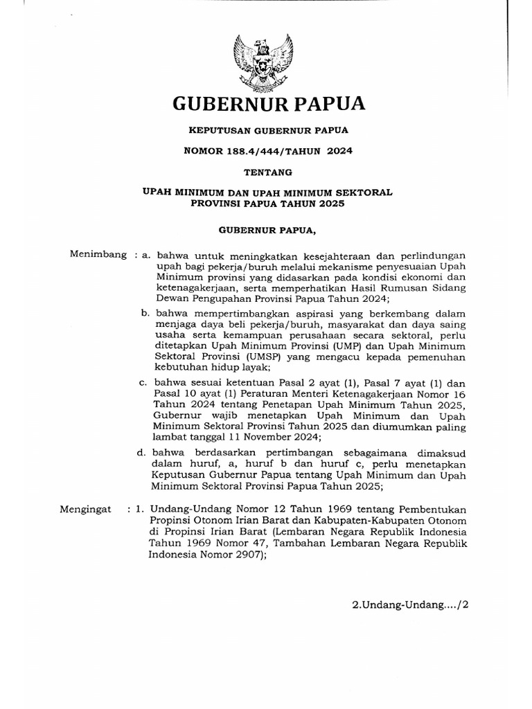 SK UMP Papua Tahun 2025 | PDF