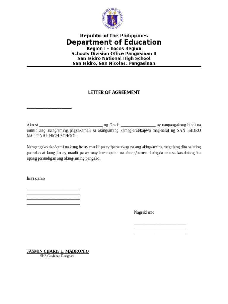 SHS Letter of Agreement | PDF