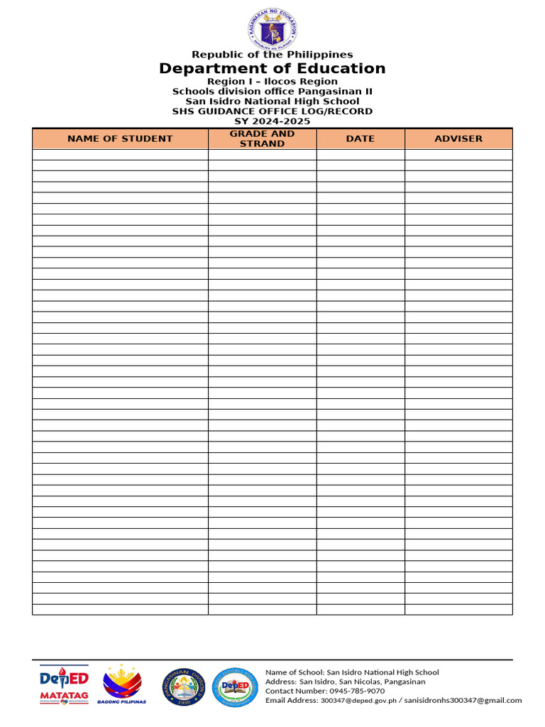 SHS Guidance Log Template | PDF