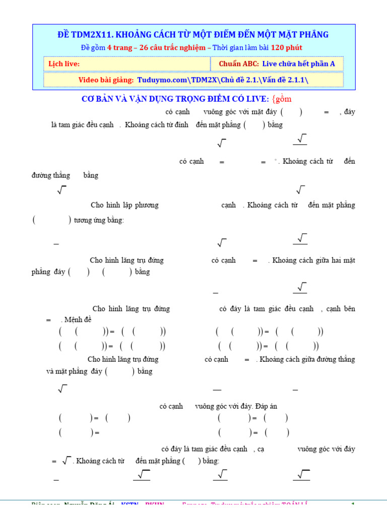De Tdm2x11 Khoang Cach Tu Mot Diem Den Mot Mat Phang PDF | PDF