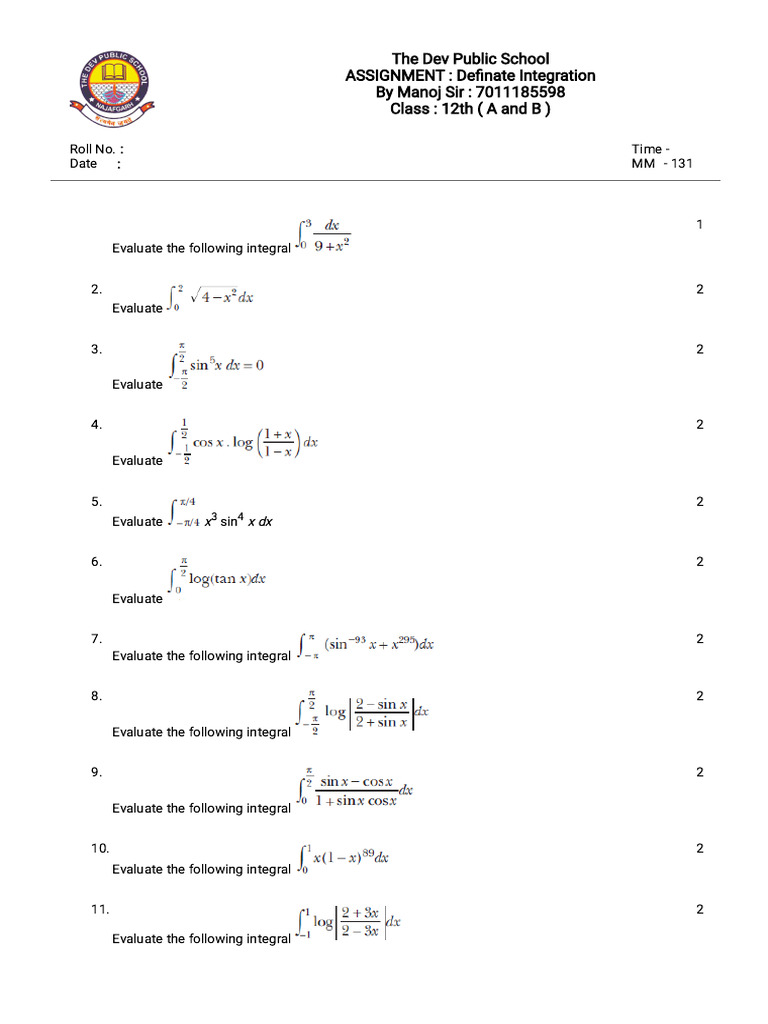 Practice Questions _ Definate Integration | PDF