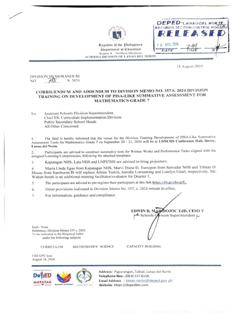 CORRIGENDUM AND ADDENDUM TO DIVISION MEMO NO. 357, S. 2024 DIVISION ...