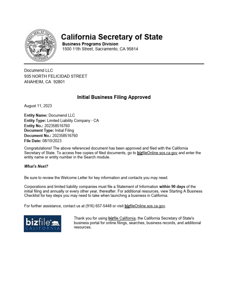 California LLC Initial Filing Approval | PDF | Limited Liability ...