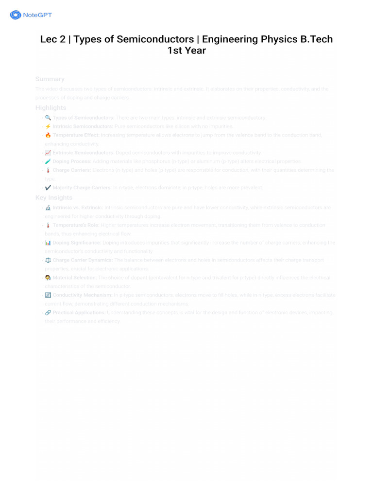 NoteGPT - Summary - Lec 2 - Types of Semiconductors - Engineering Physics B.Tech 1st Year | PDF