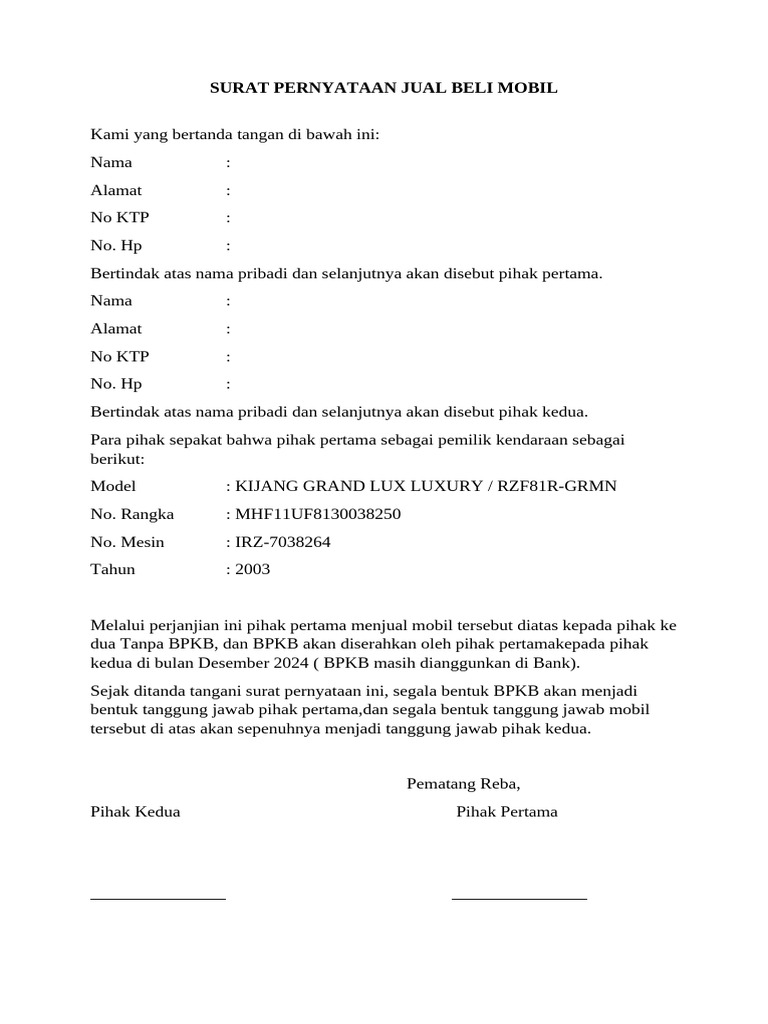 Jual Beli Mobil Kijang 2003 Tanpa BPKB | PDF