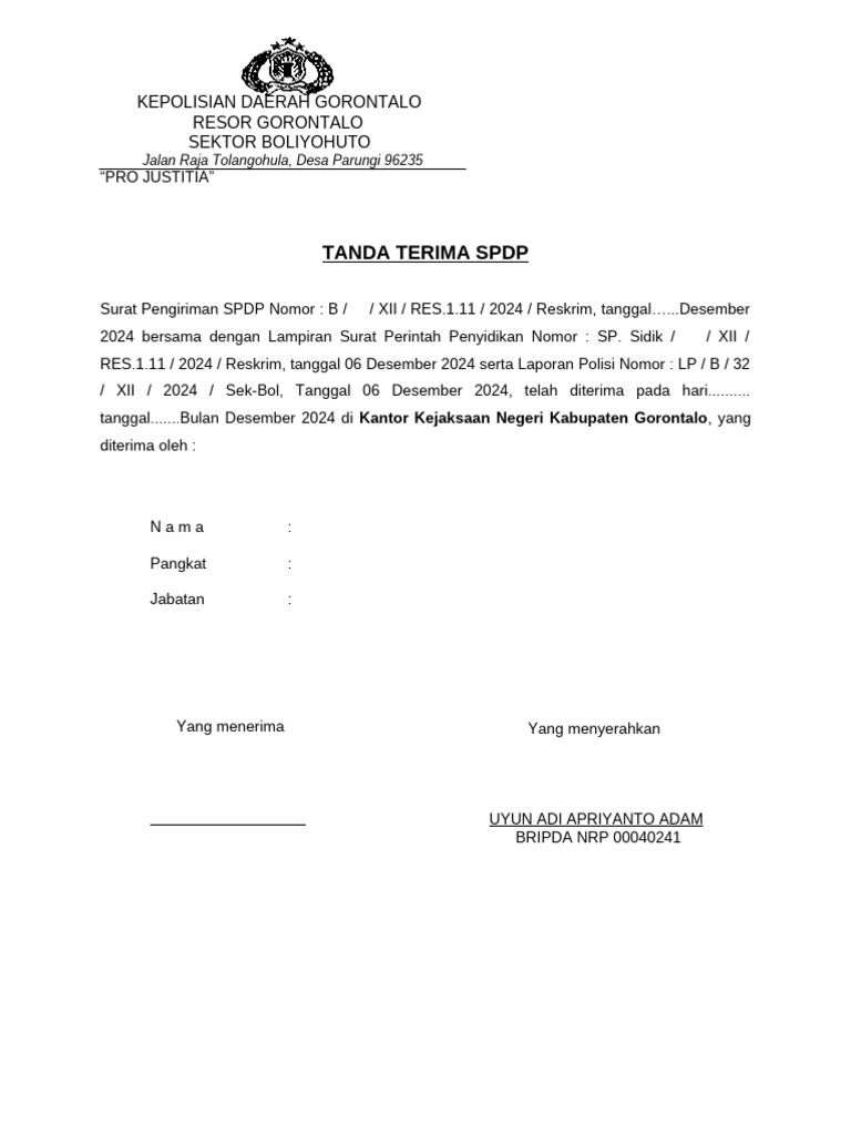 Tanda Terima SPDP Kejaksaan | PDF