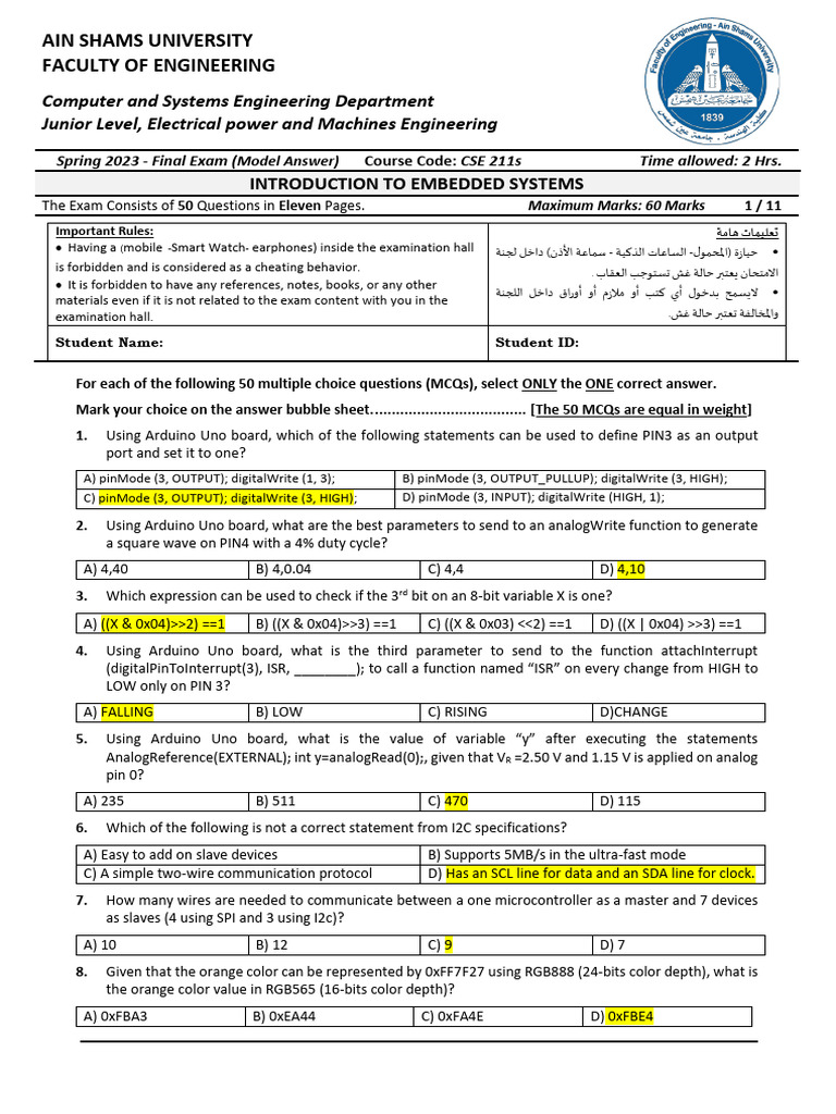 CSE211s_2023_Final_with_asnwers | PDF | Microcontroller | Electricity