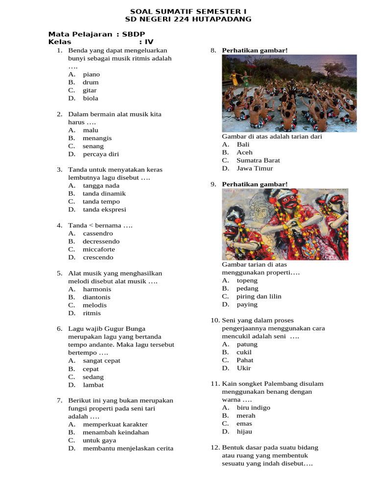 Soal PAT SBdP Kelas 4 | PDF