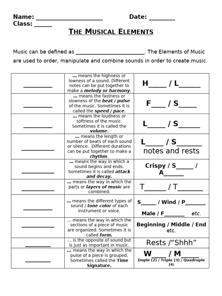 Musical Elements Table Worksheet | PDF | Musical Instruments | Conducting