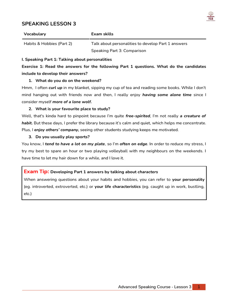 Bản Sao Của (S - Advanced) Speaking Lesson 3 (Official) | PDF ...