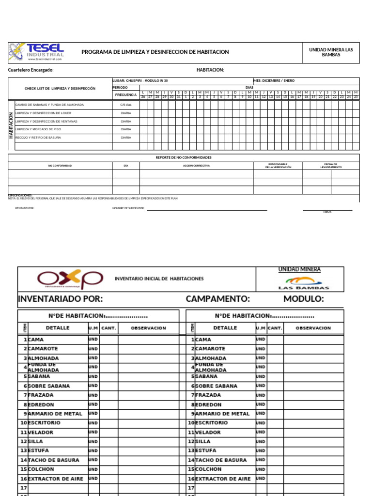 Check List de Limpiza y Tendido de Cama Tesel | PDF