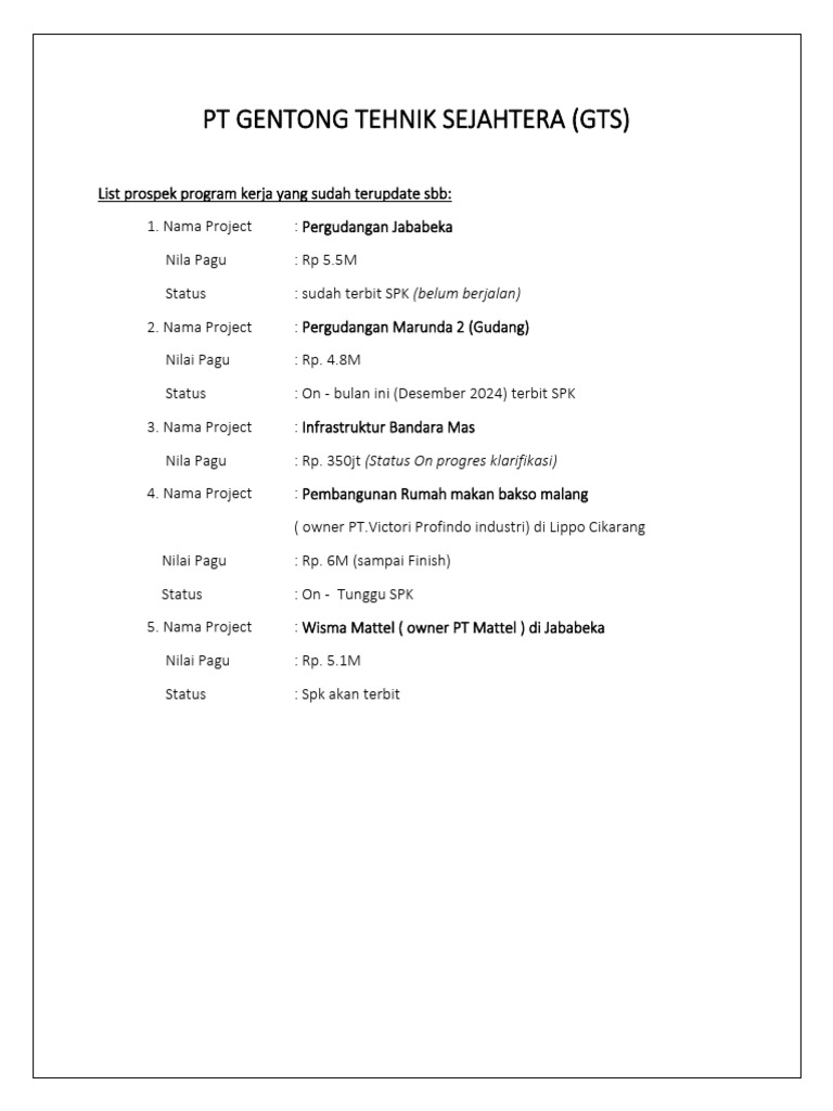 PT Gentong Tehnik Sejahtera (Project 2025) | PDF