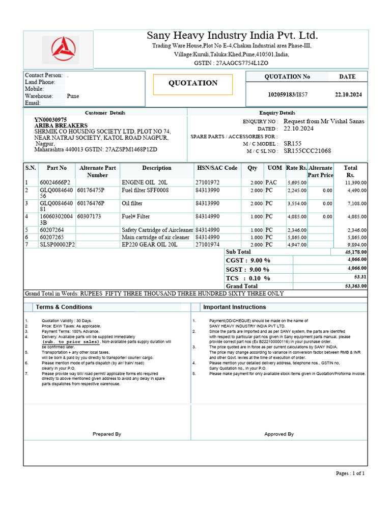 Sany SR155 Spare Parts Quotation | PDF | Payments