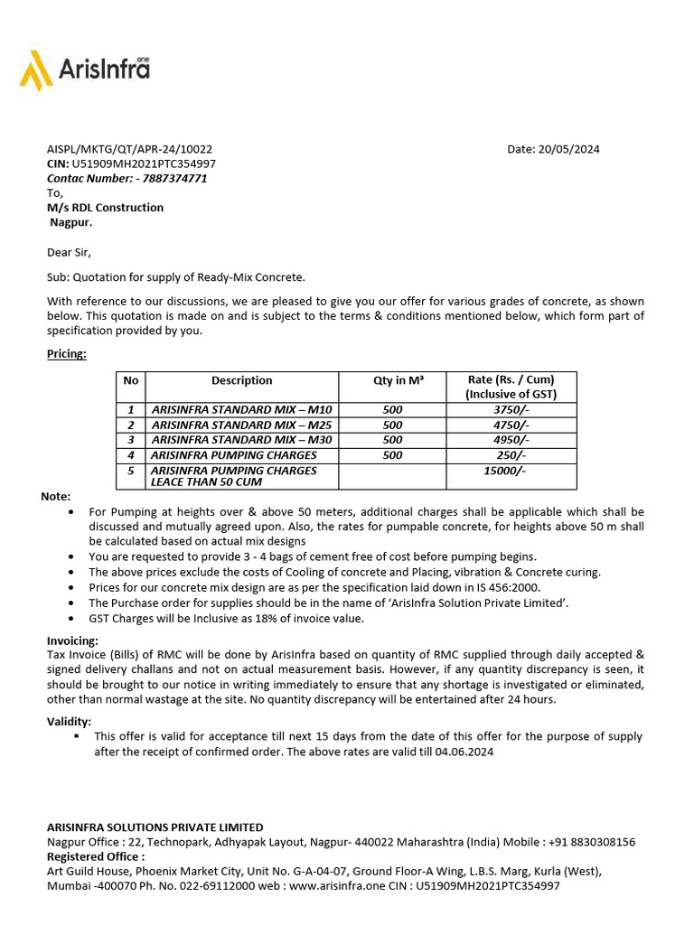 Aris Infra Quotation 10022 RDL Construction | PDF | Concrete | Prices