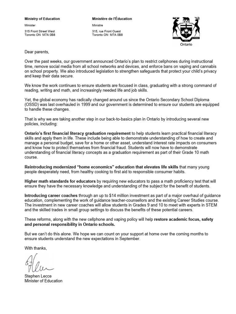 ossd-parent-letter-en | PDF | Literacy | Financial Literacy